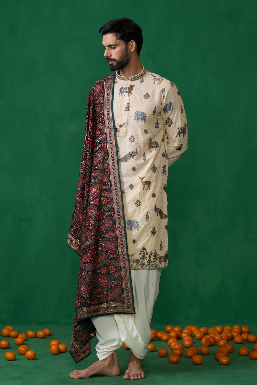 PICHWAI BEIGE DHOTI KURTA SET – Kalpraag