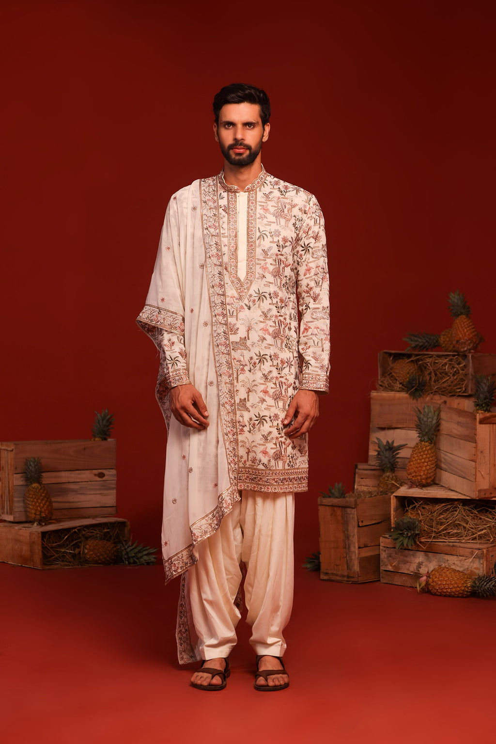 Chinmay Ivory Kurta Set with Dupatta | Designer Ethnic Wear for Men – Kalpraag