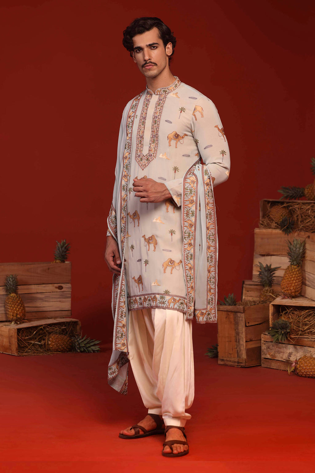 Veerendra Sky Blue Kurta Set with Dupatta | Designer Ethnic Wear for Men – Kalpraag