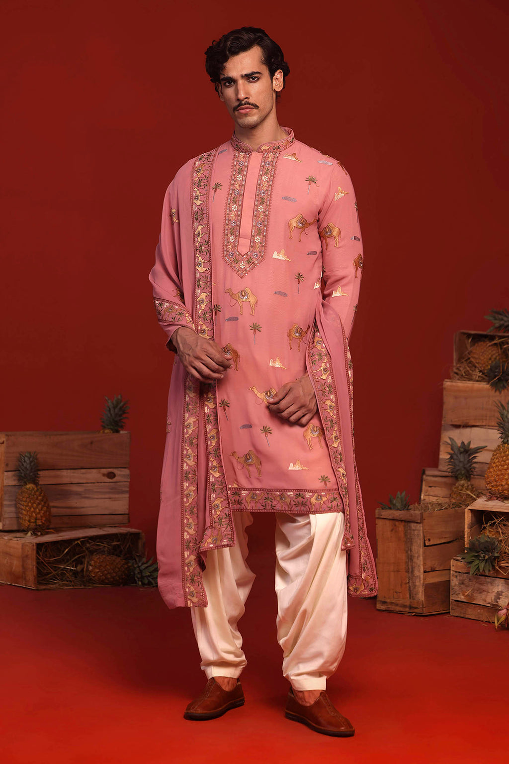 Akshaj Onion Pink Kurta Set with Dupatta | Designer Ethnic Wear for Men – Kalpraag
