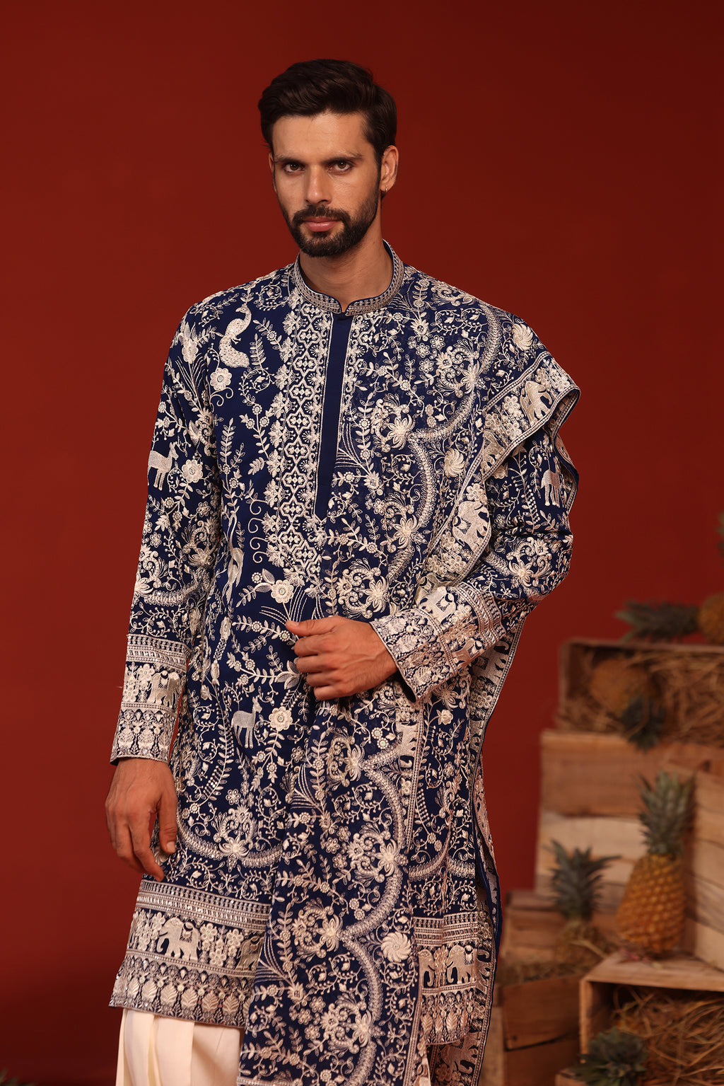Designer Kurta Set – Charvik Royal Blue with Dupatta | Ethnic Wear for Men – Kalpraag