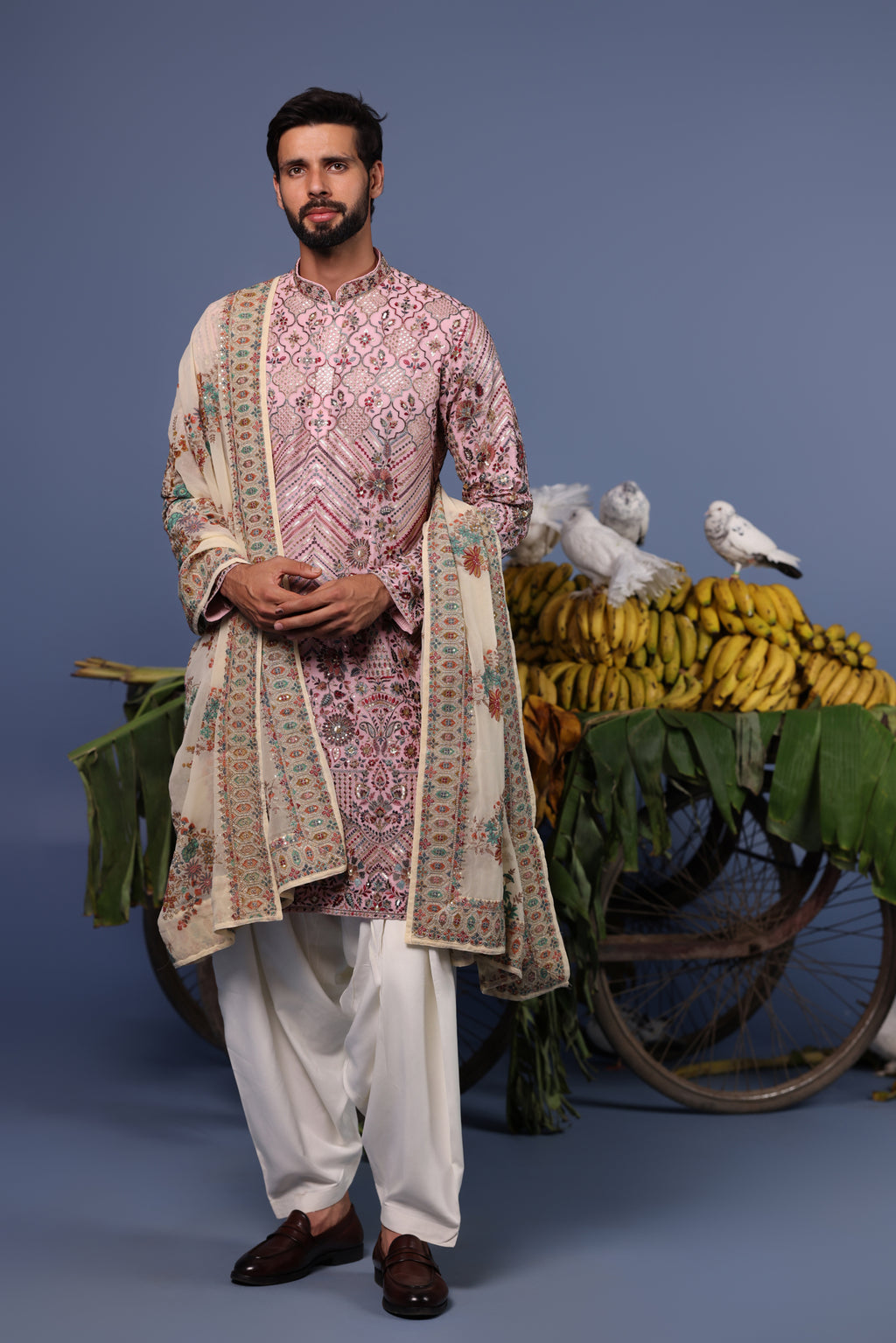 Tapish Pink Kurta Set with Dupatta | Designer Ethnic Wear for Men – Kalpraag