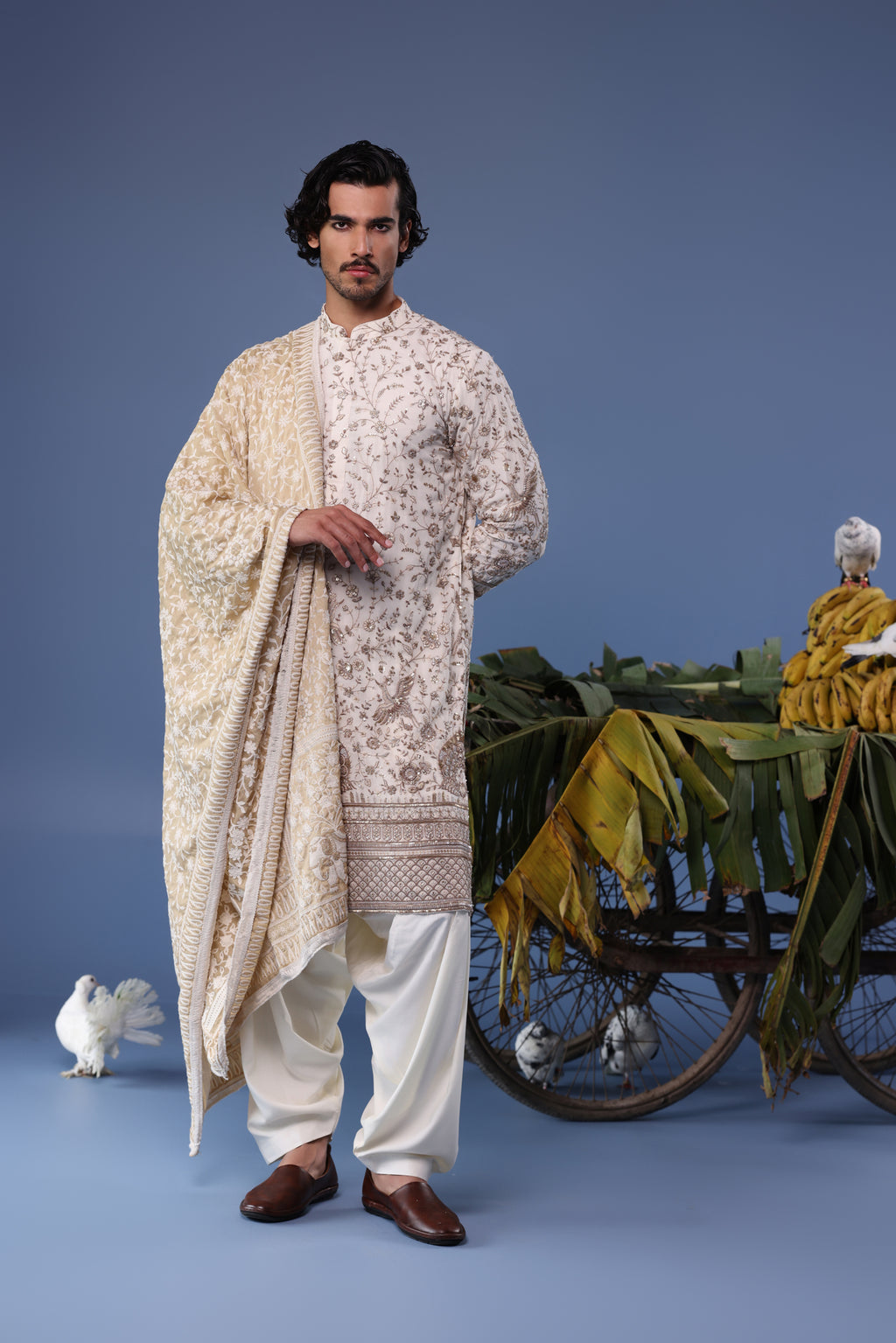 Designer Kurta Set – Umair Cream with Dupatta | Ethnic Wear for Men – Kalpraag