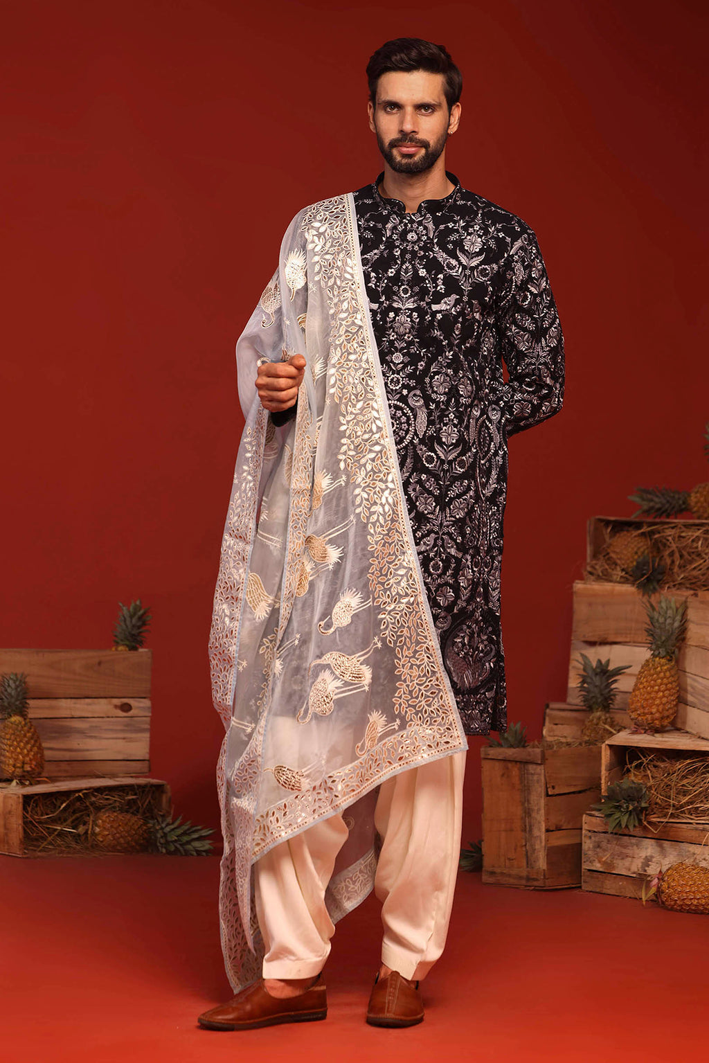 Ruhit Navy Blue Kurta Set with Dupatta | Designer Ethnic Wear for Men – Kalpraag