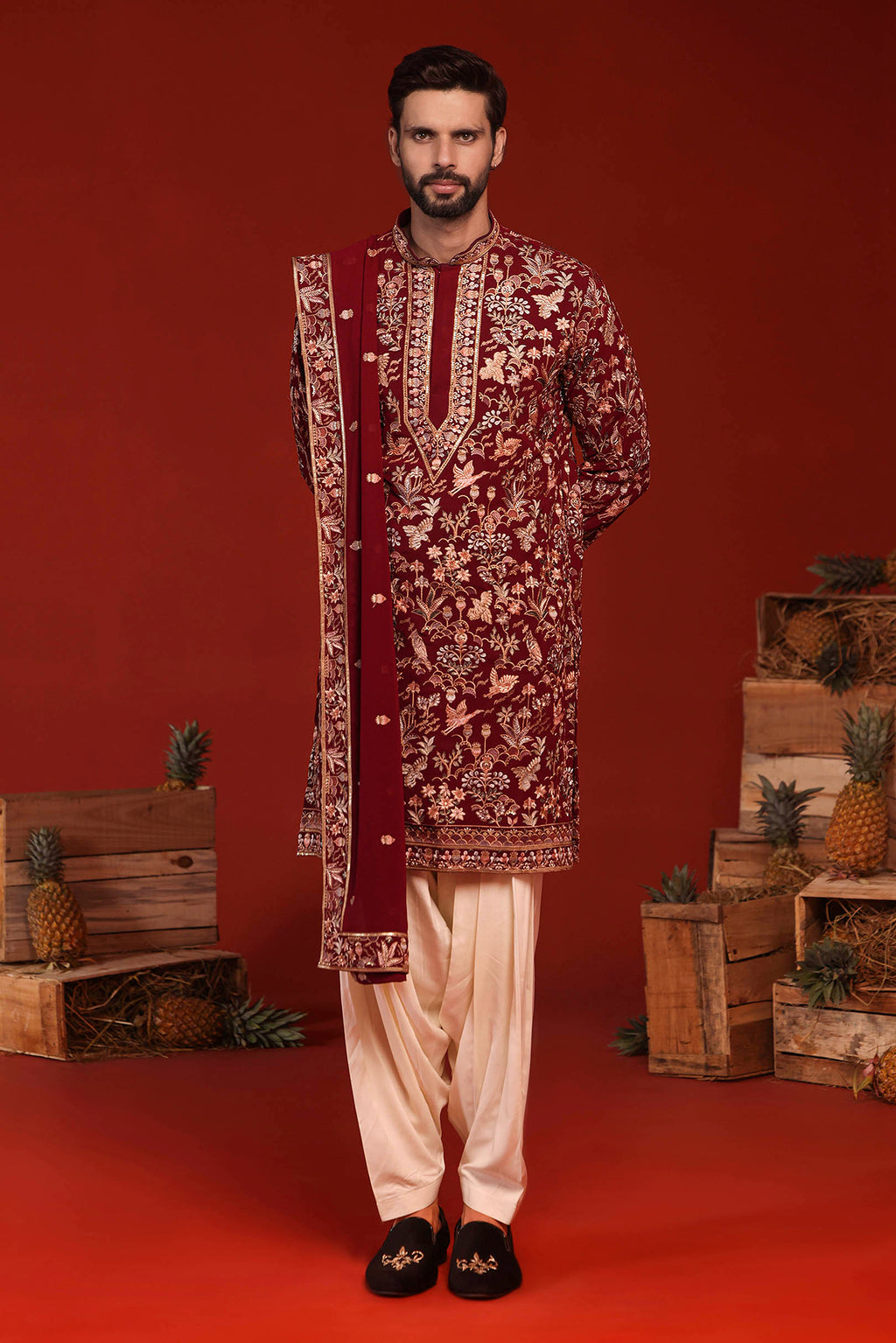 Dhrita Maroon Designer Kurta Set for Men | Kalpraag