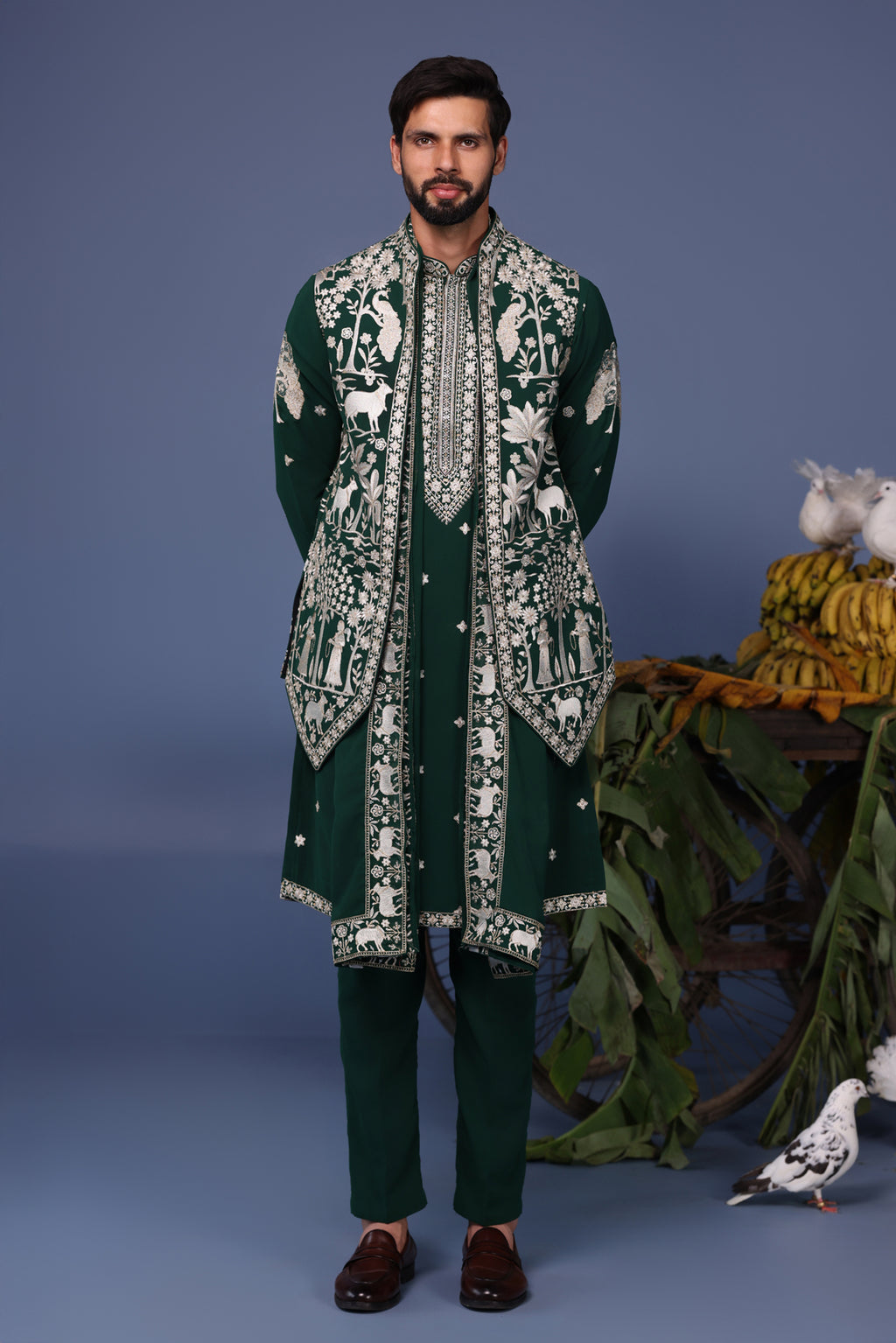 Haiz Pichwai Resham Bottle Green Kurta Jacket Set – Kalpraag