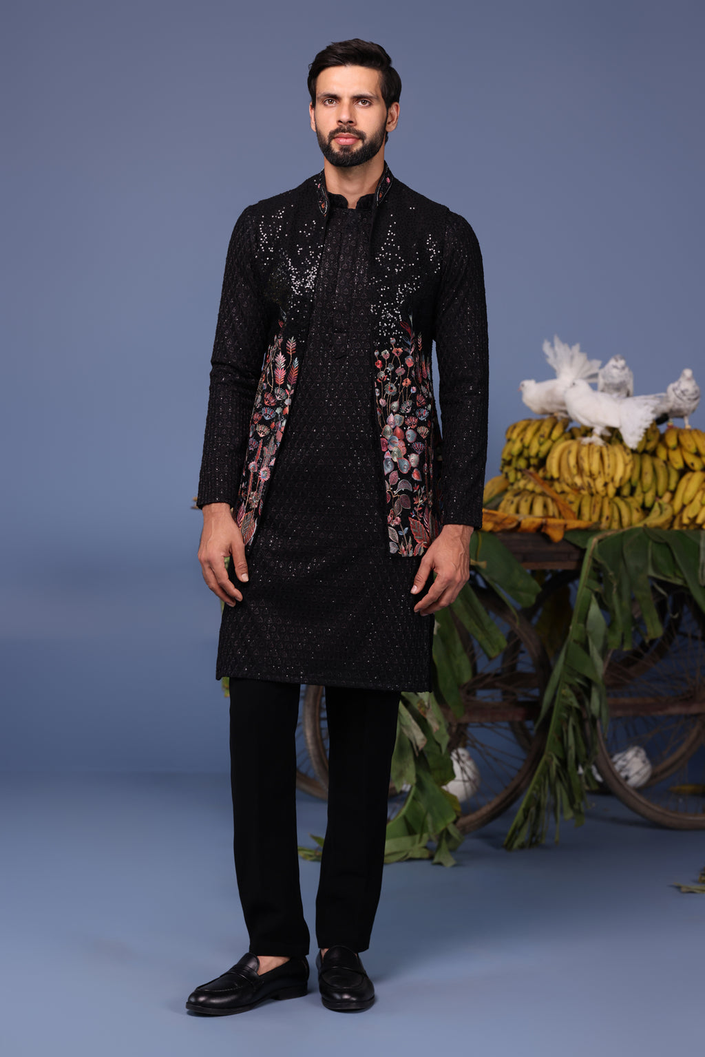 Taimoor Black Kurta Jacket Set for Men | Kalpraag Ethnic Wear