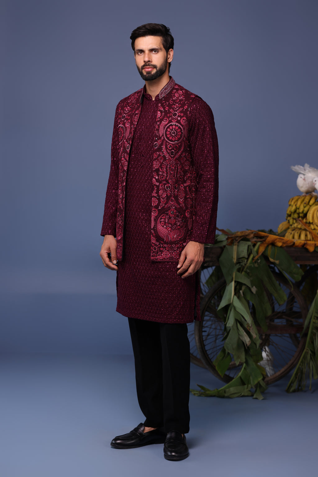 Yasir Wine Kurta Jacket Set for Men | Kalpraag Ethnic Wear