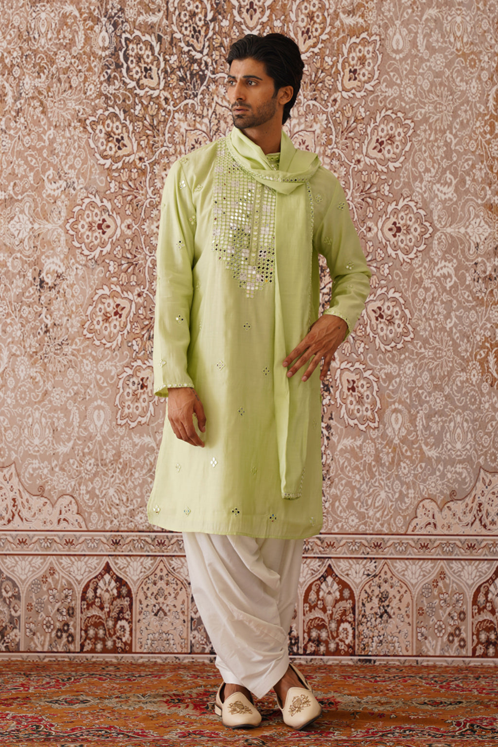 Nihar - Mehandi Green Mirror Work Patiyala Kurta Set with Dupatta ...