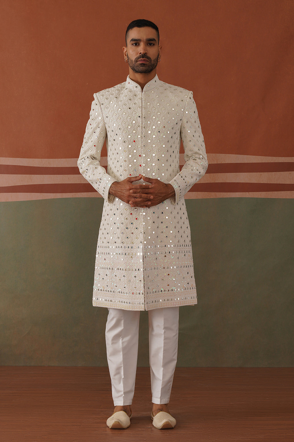 Zafar - Real Mirror Work Sherwani Set Pearl White – Kalpraag