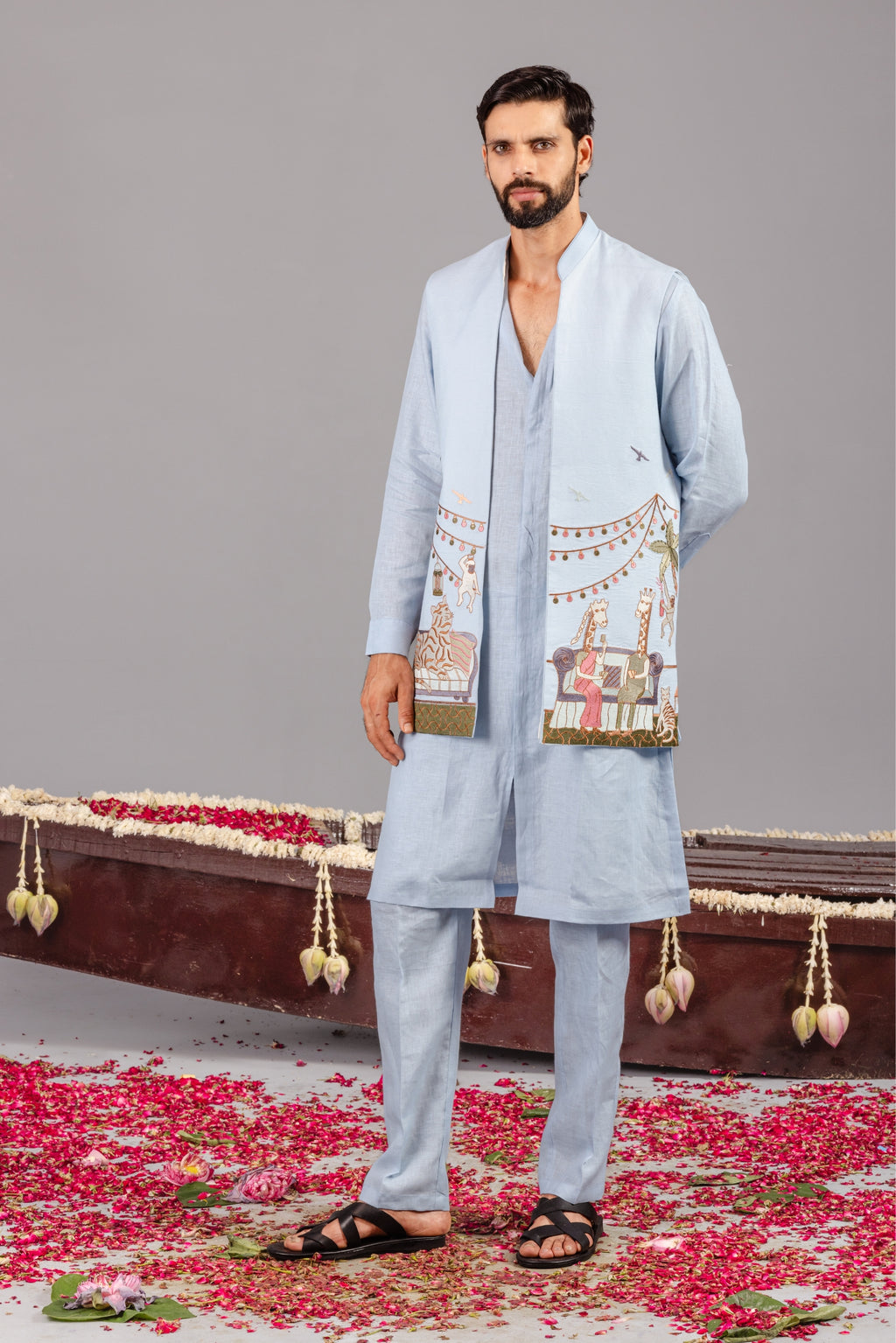 Carnival Sky Blue Front Open Kurta Jacket Set – Kalpraag