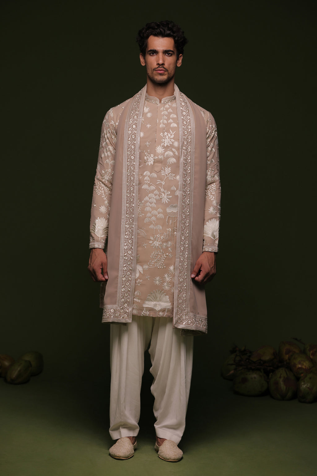 Vritra Beige Kurta set with patiyala and dupatta – Kalpraag