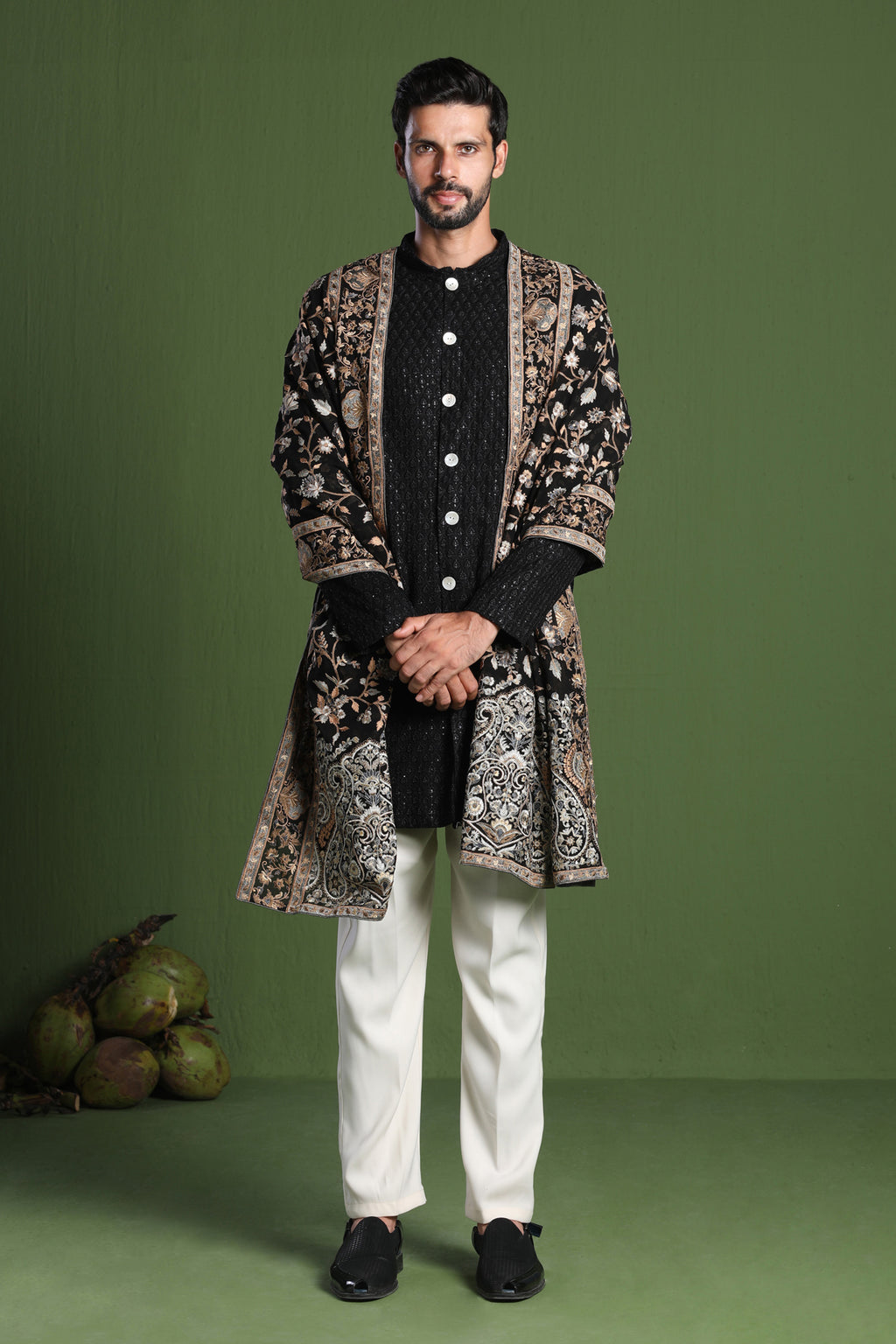 Rajas Black front open kurta Set with Heavy Embroidered Dupatta – Kalpraag